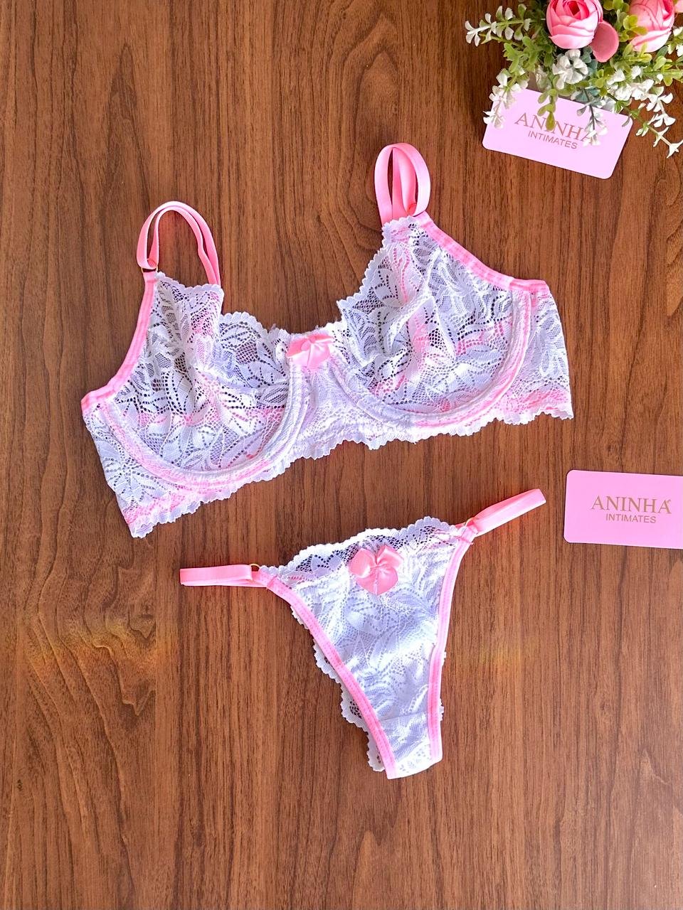Conjunto Paris Branco Com Rosa Babaloo - Aninha Intimates Lingerie