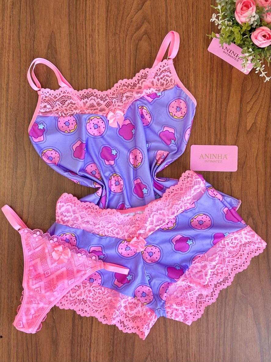 KIT Baby Doll Estampado + Calcinha - Donuts Com Rosa Babaloo
